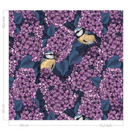 Vorhang Blaumeisen und Flieder - blickdichte Gardine Blumen Floral Illustration Muster Tiere Wohnzimmer Schlafzimmer K&uuml;che Bad Badezimmer Violett