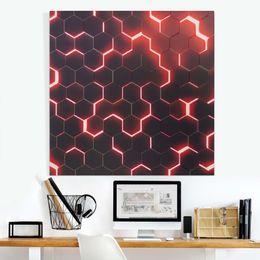 Bilderwelten Leinwandbild Strukturierte Hexagone mit Neonlicht in Rot