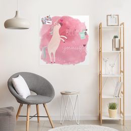 Bilderwelten Glasbild Tiere Illustration rosa Glas Wandbild - Einhorn-Truppe - Believe - Einhorn Wohnzimmer Schlafzimmer