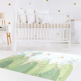 Bilderwelten Vinylteppich Illustration gr&uuml;n Wald Vinylmatte - Wald mit H&auml;usern und Tieren - Ballon Kinderzimmer