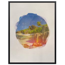 Bilderwelten Leinwandbild - Hochformat Wasserfarben - Traumstrand Seychellen