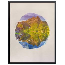 Bilderwelten Leinwandbild - Hochformat Wasserfarben - Berglandschaft mit Wasserspiegelung in Norwegen