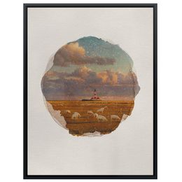 Bilderwelten Leinwandbild - Hochformat Wasserfarben - Nordsee Leuchtturm mit Schafsherde