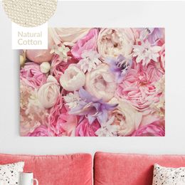 Bilderwelten Leinwandbild - Querformat Shabby Rosen mit Glockenblumen