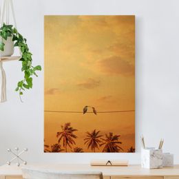 Bilderwelten Leinwandbild - Hochformat Sonnenuntergang mit Kolibris