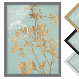 Bilderwelten Bild mit Rahmen - Hochformat Goldene Bl&auml;tter auf Turquoise II