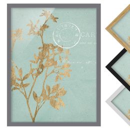 Bilderwelten Bild mit Rahmen - Hochformat Goldene Bl&auml;tter auf Turquoise I