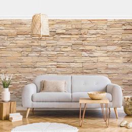 Bilderwelten Fototapete Vliestapete Landhaus 3D-Effekt braun - Asian Stonewall - Gro&szlig;e helle Steinmauer aus wohnlichen Steinen - Beton Wohnzimmer Schlafzimmer