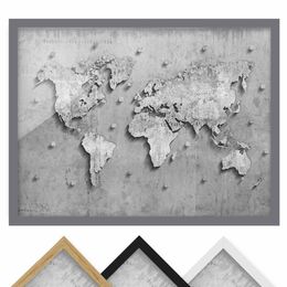 Bilderwelten Bild mit Rahmen - Querformat Beton Weltkarte