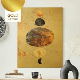 Bilderwelten Leinwandbild - Hochformat Sonne und Mond in Goldglanz
