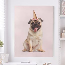 Bilderwelten Leinwandbild Jonas Loose Tiere Mops mit Eiswaffel - Leinwanddruck Hochformat - Wandbild S-XXL - moderne Bilder auf Leinwand Wohnzimmer