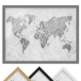 Bilderwelten Bild mit Rahmen - Querformat Papier Weltkarte Wei&szlig; Grau