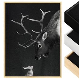 Bilderwelten Leinwandbild - Hochformat Illustration Hirsch und Hase Schwarz Wei&szlig; Malerei