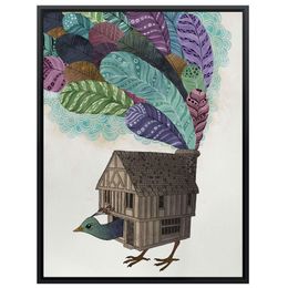 Bilderwelten Leinwandbild - Hochformat Illustration Vogel Haus mit Federn