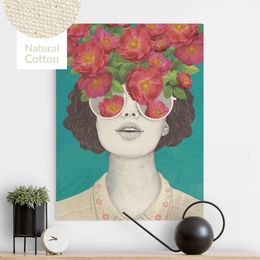 Bilderwelten Leinwandbild - Hochformat Illustration Portrait Frau Collage mit Blumen Brille