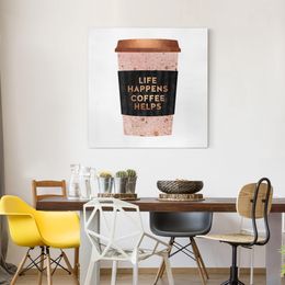 Bilderwelten Leinwandbild Kulinarisch modern Aquarell rosa - Life Happens Coffee Helps Gold - Kaffee XXL K&uuml;che