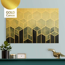 Bilderwelten Leinwandbild - Querformat Goldene Sechsecke Blau Wei&szlig;