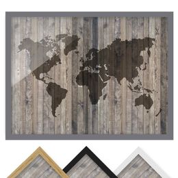 Bilderwelten Bild mit Rahmen - Querformat Holz Weltkarte
