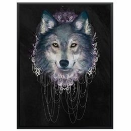 Bilderwelten Leinwandbild - Hochformat Illustration Wolf mit Boho Traumf&auml;nger Schwarz