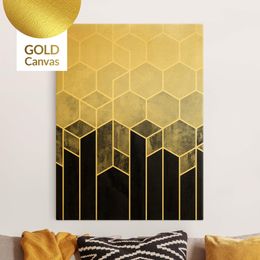 Bilderwelten Leinwandbild - Hochformat Goldene Sechsecke Schwarz Wei&szlig;