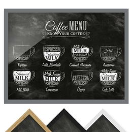 Bilderwelten Bild mit Rahmen - Querformat Kaffeesorten Kreidetafel