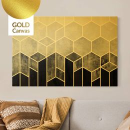 Bilderwelten Leinwandbild - Querformat Goldene Sechsecke Schwarz Wei&szlig;