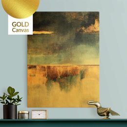 Bilderwelten Leinwandbild - Hochformat Abstraktes Seeufer in Gold