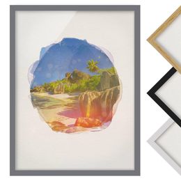 Bilderwelten Bild mit Rahmen - Hochformat Wasserfarben - Traumstrand Seychellen