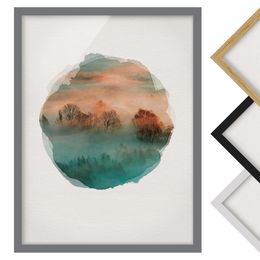 Bilderwelten Bild mit Rahmen - Hochformat Wasserfarben - Nebel bei Sonnenaufgang