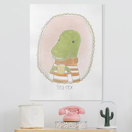 Bilderwelten Leinwandbild K&uuml;che Kaffee Spr&uuml;che K&uuml;chenspruch Koffeinhaltiger Dino - Leinwanddruck Hochformat - Wandbild - modernes K&uuml;chenbild