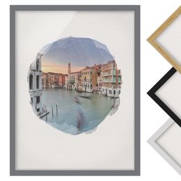 Bilderwelten Bild mit Rahmen - Hochformat Wasserfarben - Canale Grande Blick von der Rialtobr&uuml;cke Venedig
