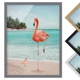 Bilderwelten Bild mit Rahmen - Hochformat Strand mit Flamingo