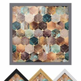Bilderwelten Bild mit Rahmen - Quadrat T&uuml;rkise Geometrie goldenes Art Deco
