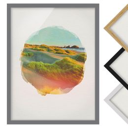 Bilderwelten Bild mit Rahmen - Hochformat Wasserfarben - D&uuml;nen und Gr&auml;ser am Meer