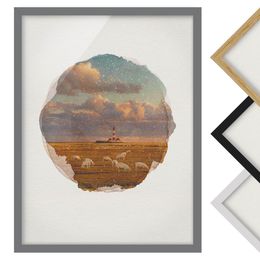 Bilderwelten Bild mit Rahmen - Hochformat Wasserfarben - Nordsee Leuchtturm mit Schafsherde