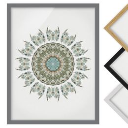 Bilderwelten Bild mit Rahmen - Hochformat Mandala Aquarell Federn handgemalt blau gr&uuml;n
