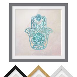 Bilderwelten Bild mit Rahmen - Quadrat Hamsa Hand Illustration Mandala gold blau