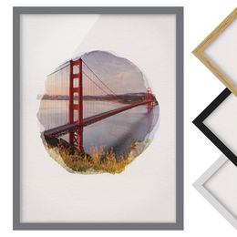 Bilderwelten Bild mit Rahmen - Hochformat Wasserfarben - Golden Gate Bridge in San Francisco