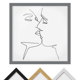 Bilderwelten Bild mit Rahmen - Quadrat Line Art Kuss Gesichter Schwarz Wei&szlig;