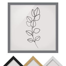 Bilderwelten Bild mit Rahmen - Quadrat Line Art Zweig Bl&auml;tter Schwarz Wei&szlig;