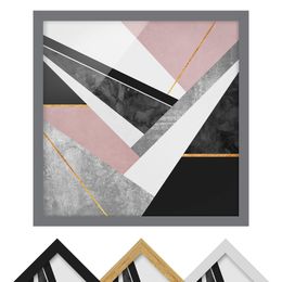 Bilderwelten Bild mit Rahmen - Quadrat Schwarz Wei&szlig; Geometrie mit Gold