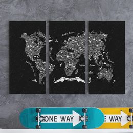 Bilderwelten 3-teiliges Leinwandbild - Querformat Typografie Weltkarte schwarz