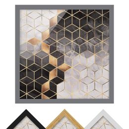 Bilderwelten Bild mit Rahmen - Quadrat Schwarz Wei&szlig; goldene Geometrie