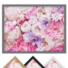 Bilderwelten Bild mit Rahmen - Querformat Shabby Rosen mit Glockenblumen