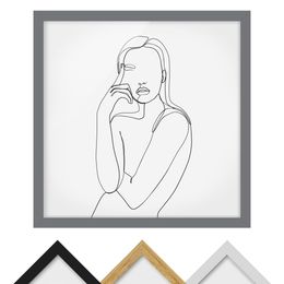 Bilderwelten Bild mit Rahmen - Quadrat Line Art Nachdenkliche Frau Schwarz Wei&szlig;