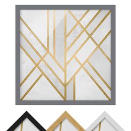Bilderwelten Bild mit Rahmen - Quadrat Art Deco Geometrie Wei&szlig; Gold