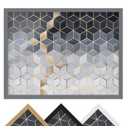 Bilderwelten Bild mit Rahmen - Querformat Blau Wei&szlig; goldene Geometrie