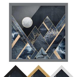 Bilderwelten Bild mit Rahmen - Quadrat Goldener Mond abstrakte schwarze Berge