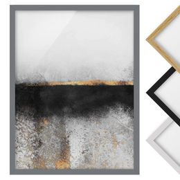 Bilderwelten Bild mit Rahmen - Hochformat Abstrakter Goldener Horizont Schwarz Wei&szlig;