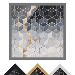 Bilderwelten Bild mit Rahmen - Quadrat Blau Wei&szlig; goldene Geometrie